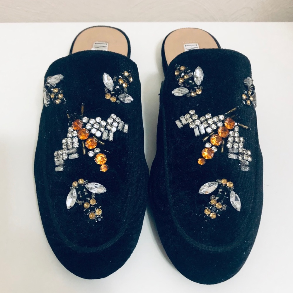 Embellished Black Velvet Slides - Gem